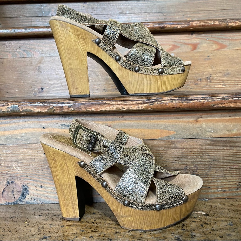 Sbicca Metallic Gold Wood Heeled Clogs - Gem